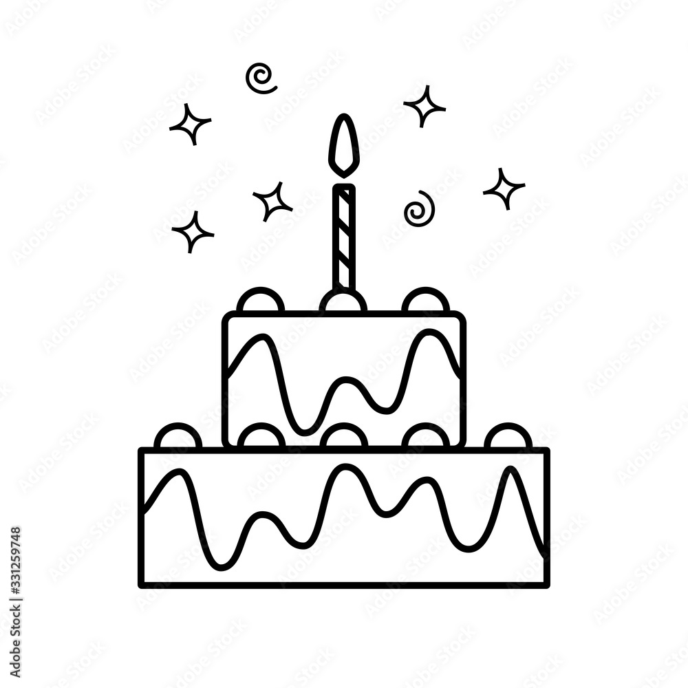 Simple outline vector icon of two-level birthday cake with one candle ...