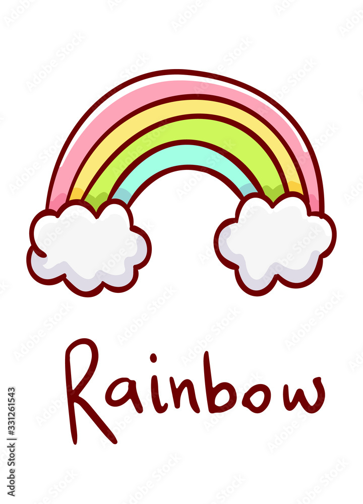 Cute kawaii hand drawn rainbow doodles, lettering rainbow, isolated on ...