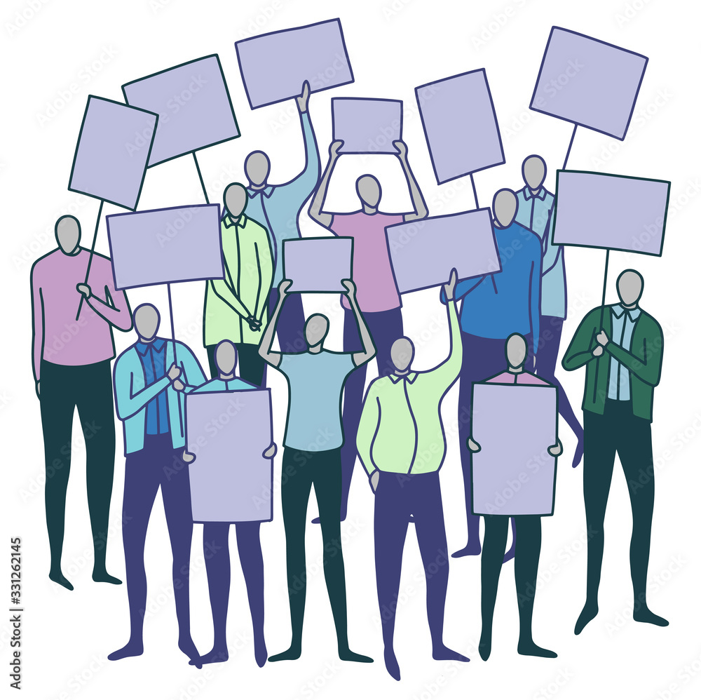 Drawing of faceless crowd with blank signs and posters. Rally people ...
