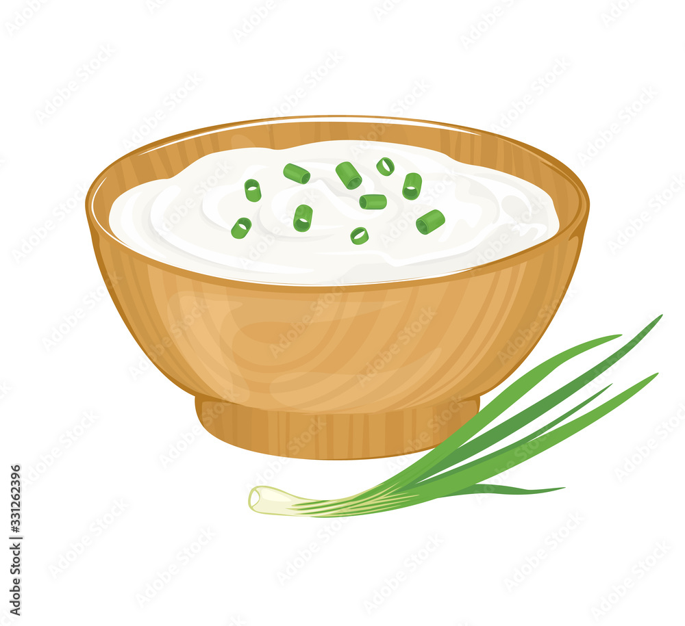 Sour cream with green onions in wooden bowl isolated on white ...