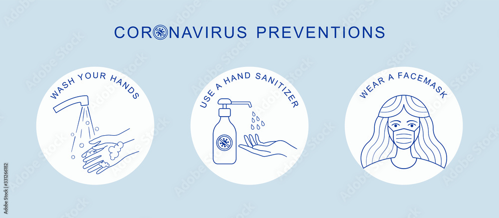 Coronavirus COVID-19 preventions tips, hand sanitizer, wear face mask ...