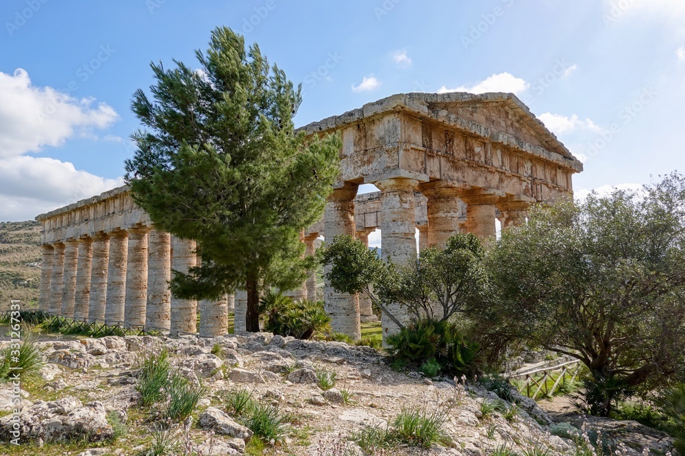 Ancient Doric temple of Segesta hidden behind the trees in nice sunny ...