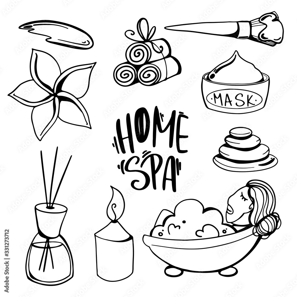 Home spa lettering set, girl in the bathroom, clay mask, diffuser ...