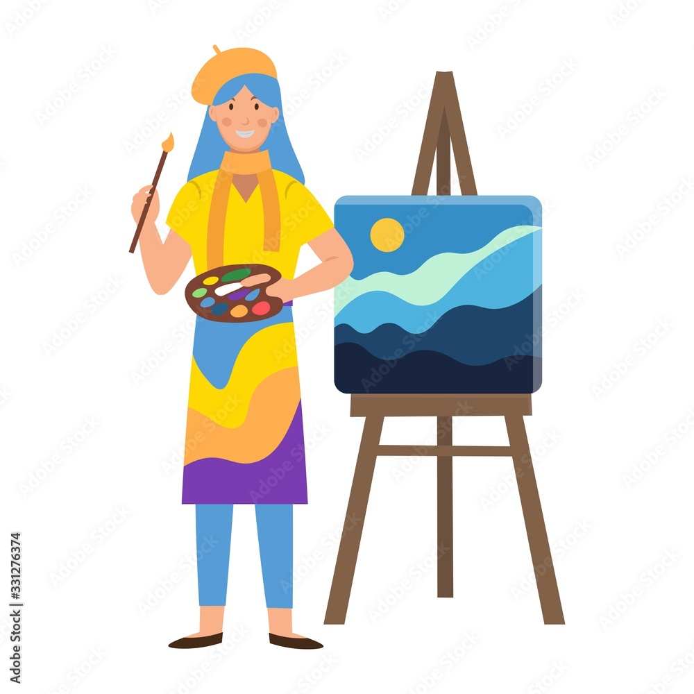 Cartoon artist with palette and brush, character for children. Flat ...