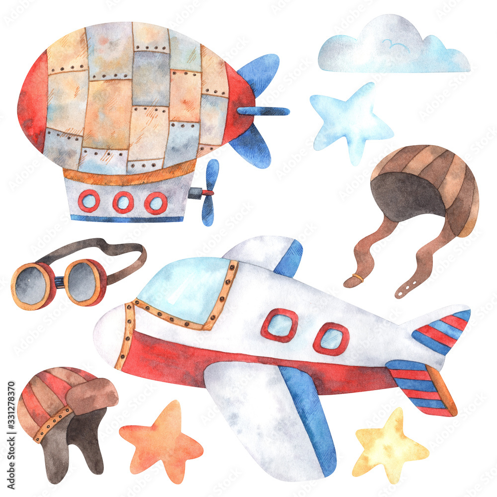 Watercolor elements on the theme of air transport and attributes for ...