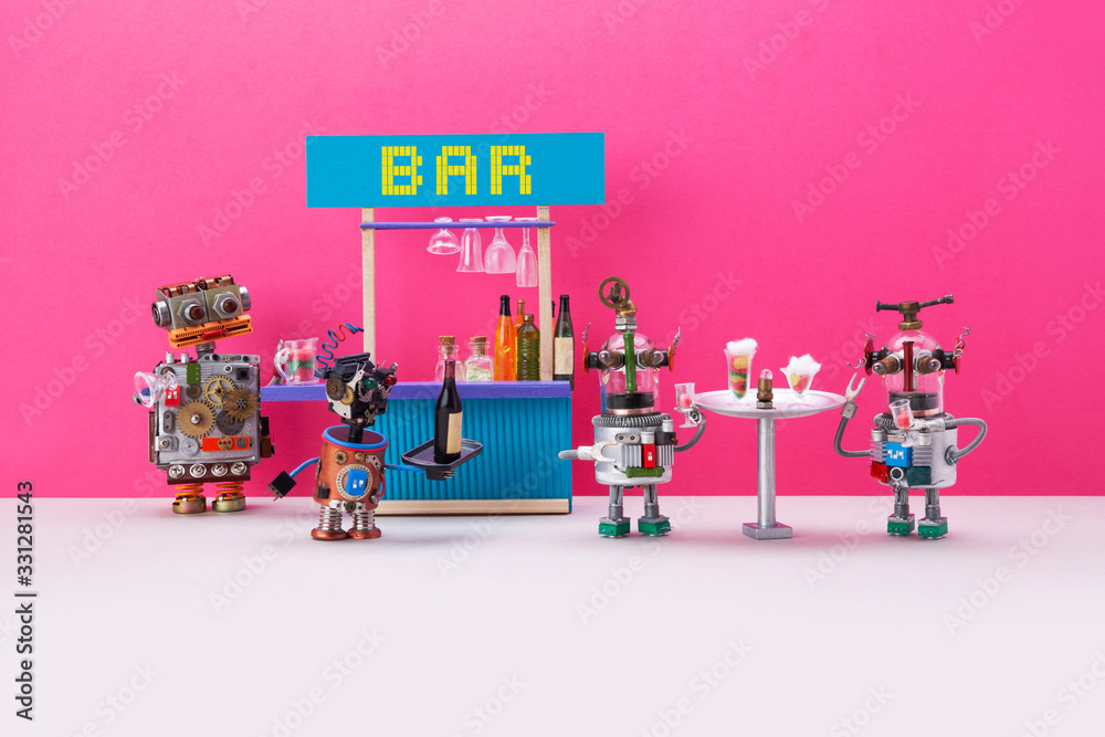 Robotics party. A small cyborg waiter carries an order, tray with wine ...