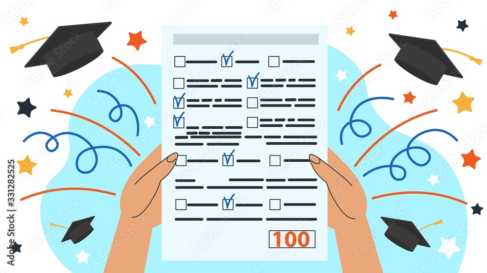 Vetor de Exam test with 100%. Graduation banner with flying graduation ...