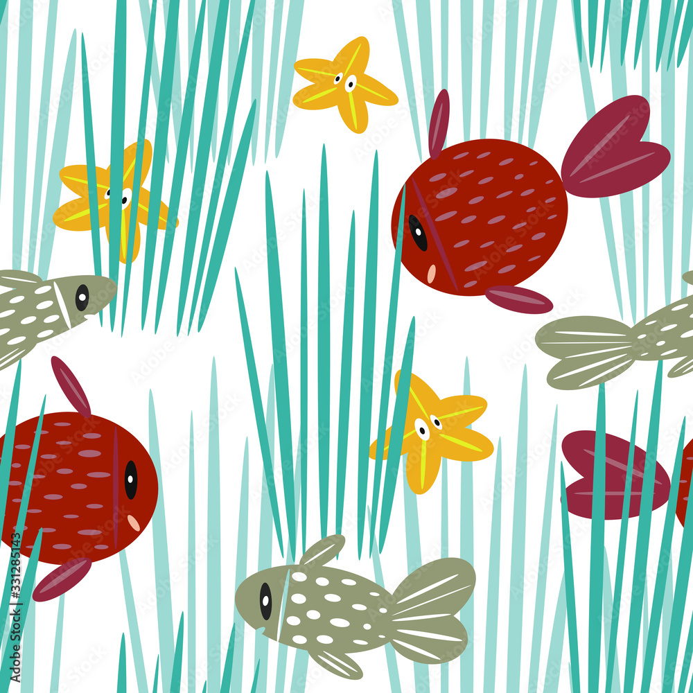 Cartoon fish, seaweed, starfish, for seamless pattern ,abric, children ...