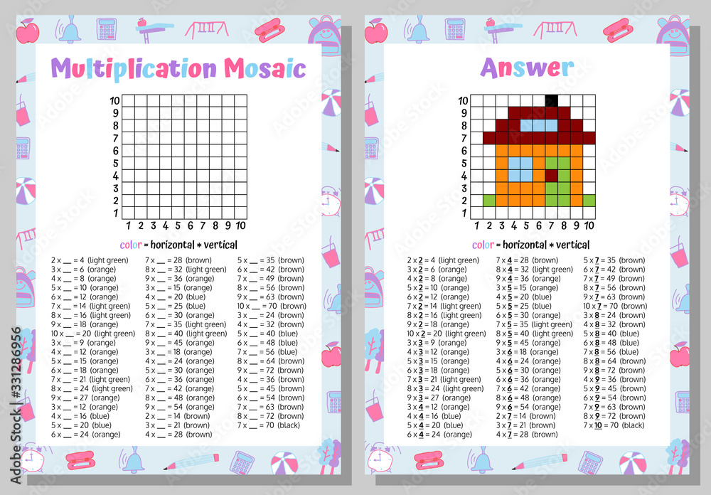 Multiplication Mosaic Math Puzzle Worksheet. Educational Game. Coloring ...