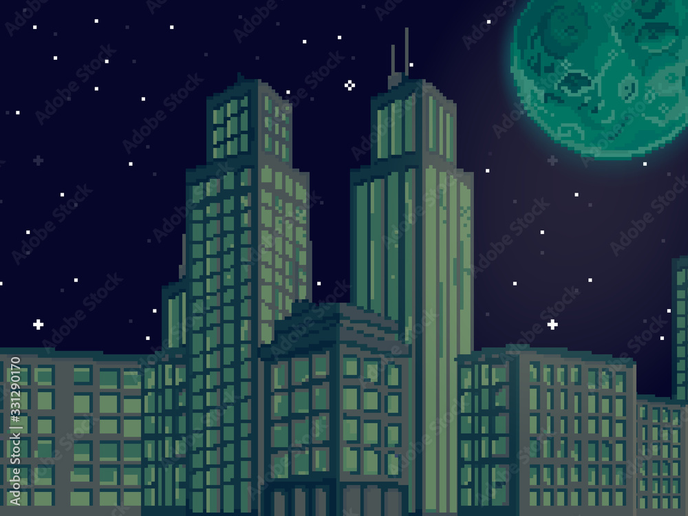 Vector illustration of pixel art city. Pixel art retro futuristic ...