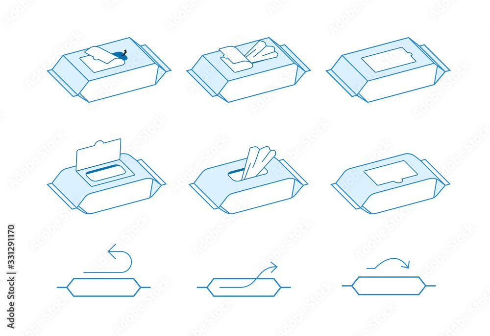Instruction to open wet wipes flow pack isolated on white background ...