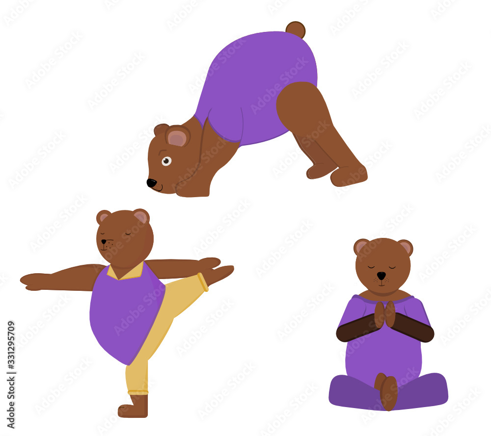 Set of bears doing yoga. Yoga pose namaste. Triangle Yoga Pose. Warrior ...