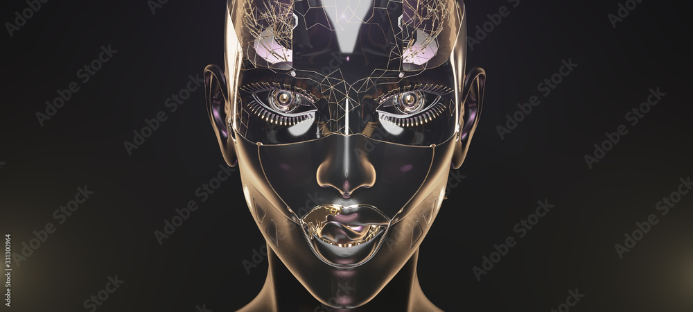 Female cyborg face with golden paint on it, futuristic robotic concept ...