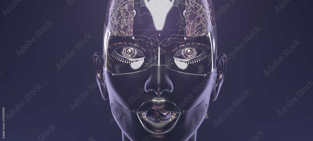 Cybernetic brain in cyborg face with golden paint on it, futuristic ...