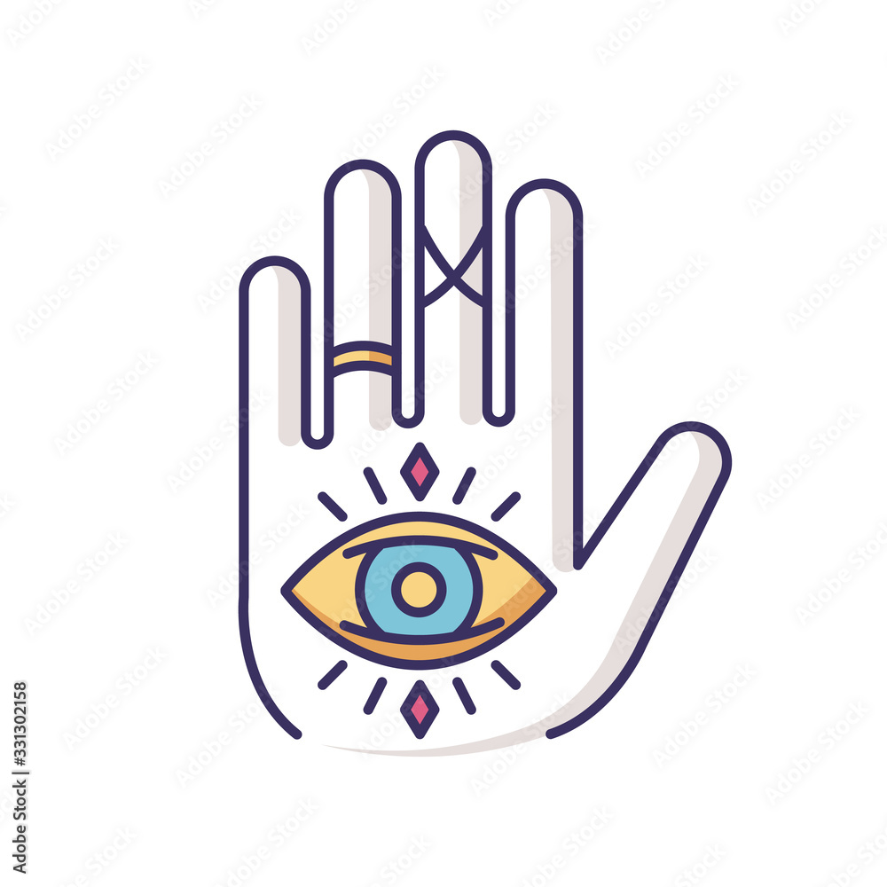 Hand and eye esoteric RGB color icon. Fortune teller mystic symbol. All ...