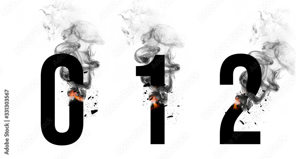 Burning black numbers 0, 1, 2. Smoke Font. Alphabet breaks down with ...
