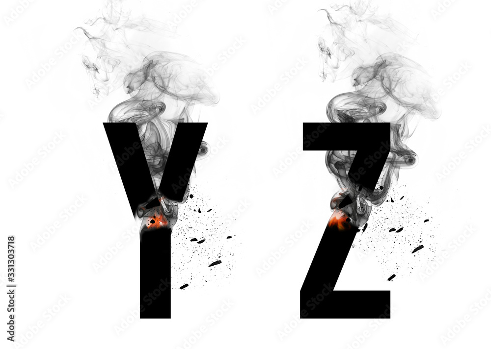 Burning black letters Y, Z. Smoke Font. Alphabet breaks down with small ...