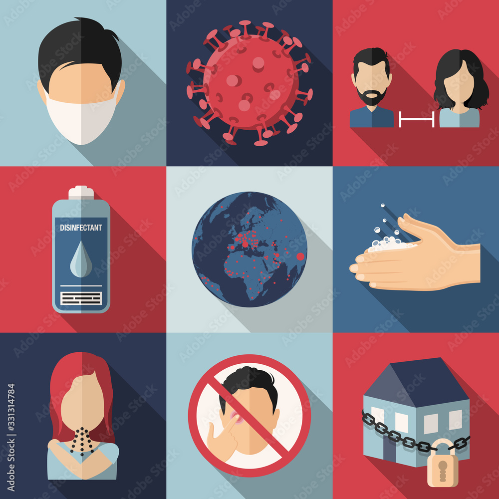 Coronavirus Covid-19 virus precautions flat design icons set Stock ...