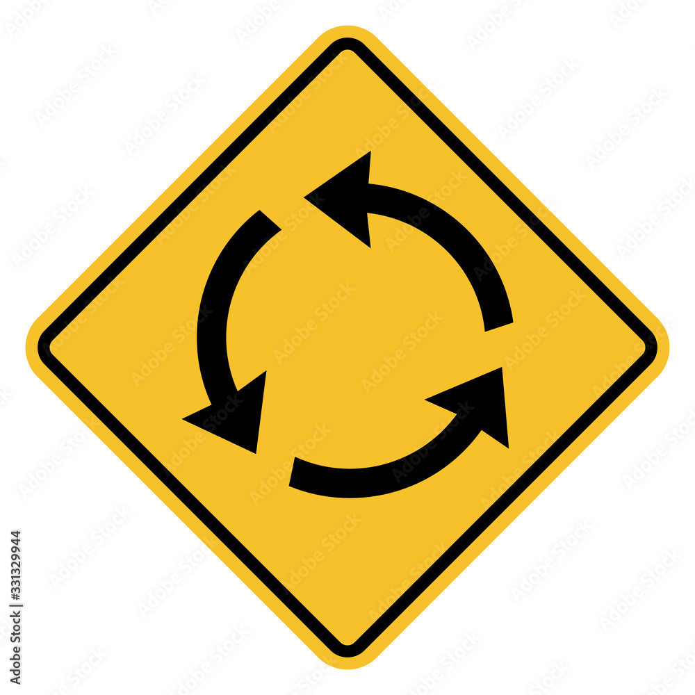 Roundabout sign. Traffic rules and safety. Black on yellow background ...