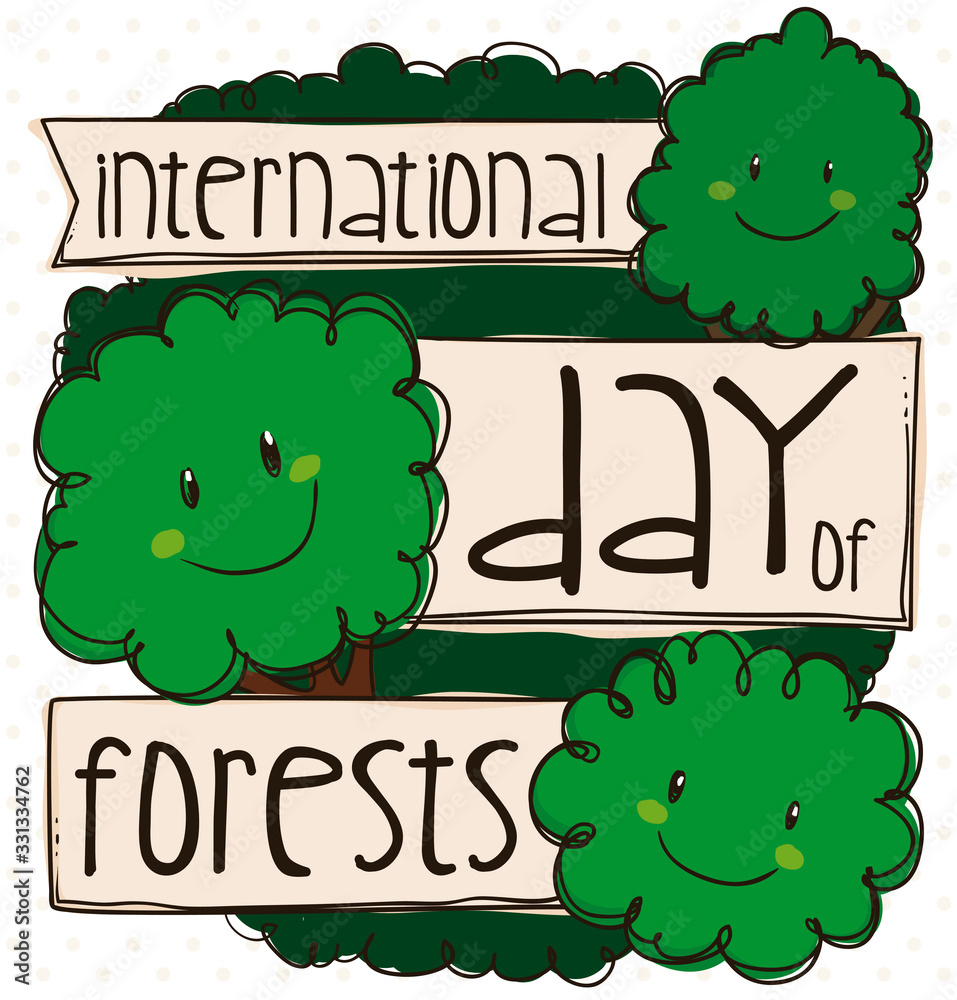 Trees with Greeting Ribbons for International Day of Forests, Vector ...