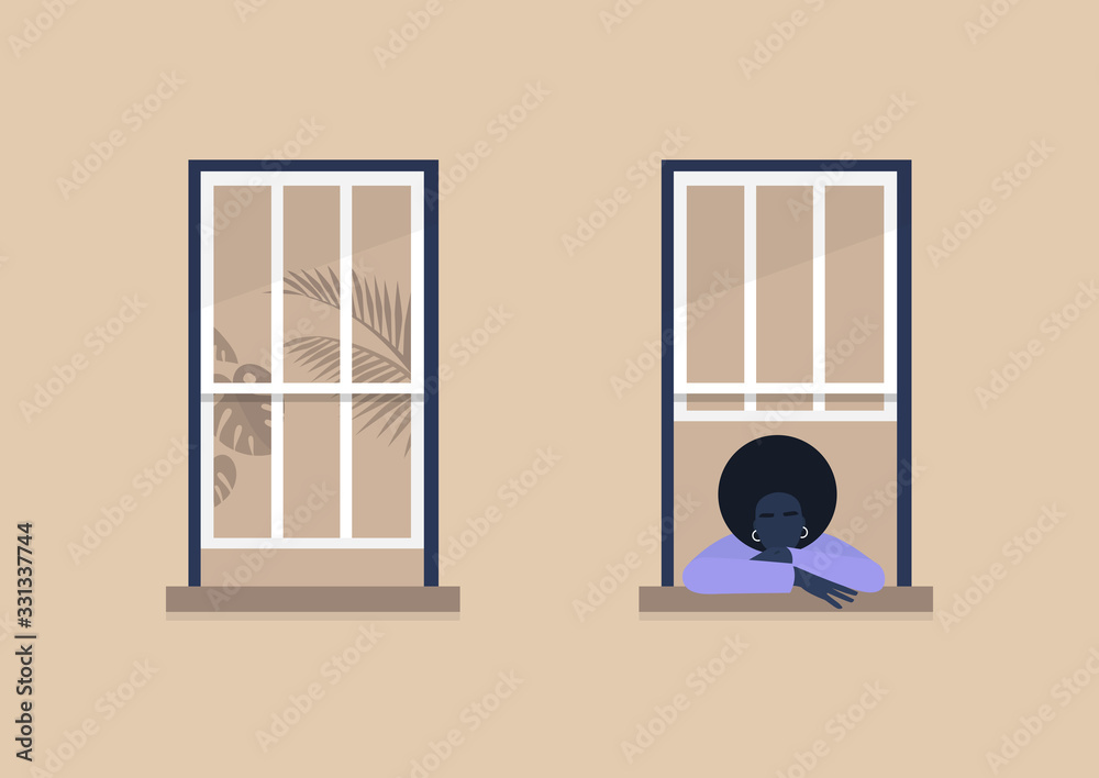 Young black female character looking out the window, self-isolation and ...
