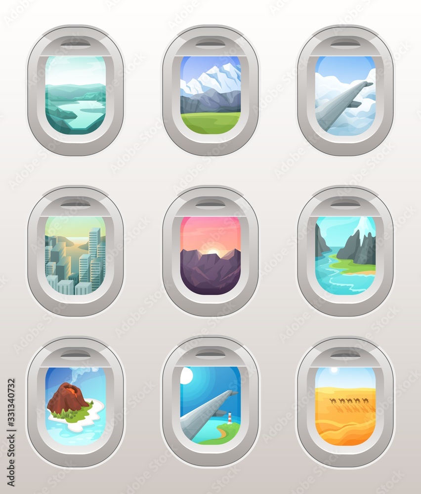 Airplane window view vector illustration. Cartoon interior plane inside ...