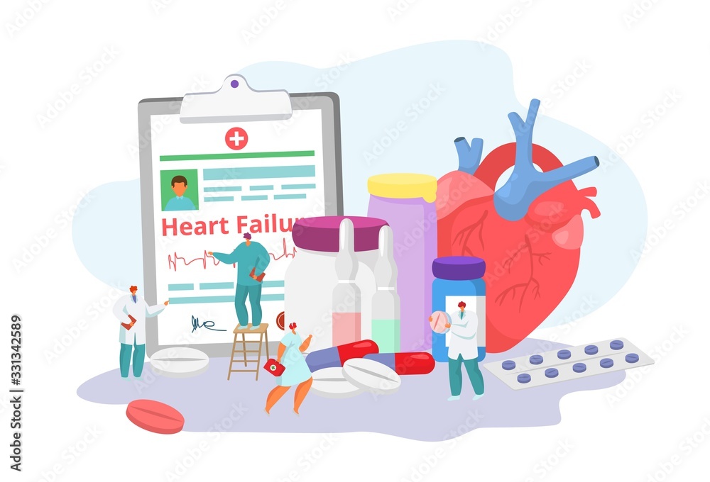 Heart failure desease with doctors, cardiogram, medication and medicine ...