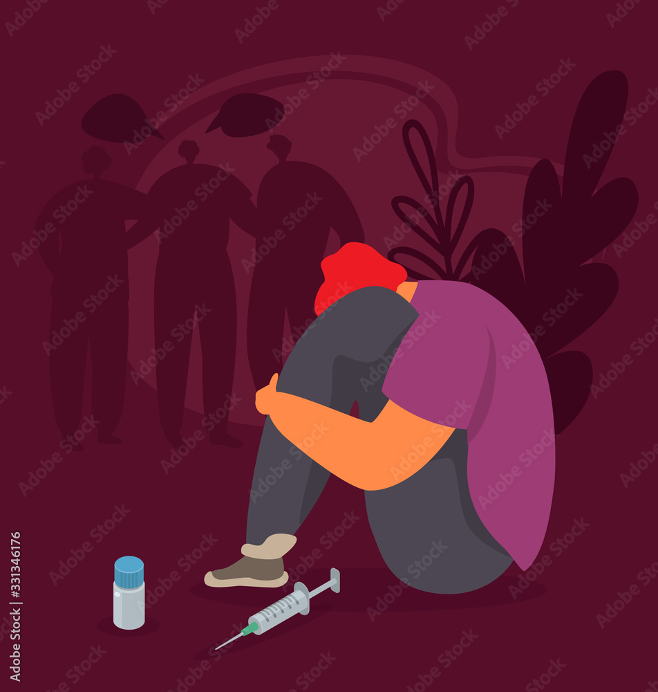 Drug addiction vector illustration. Abused addicted young man or teen ...