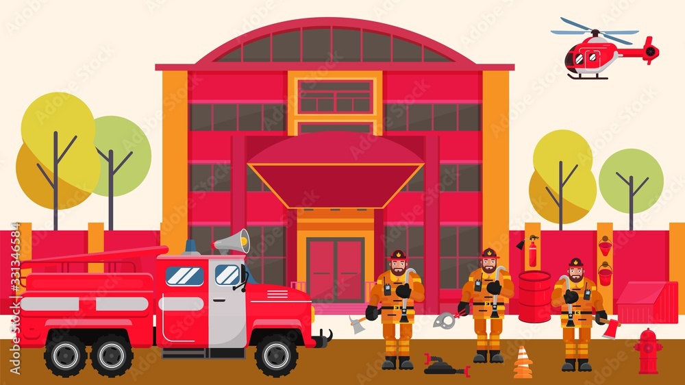 Fire station vector illustration. Firefighters cartoon men team near ...