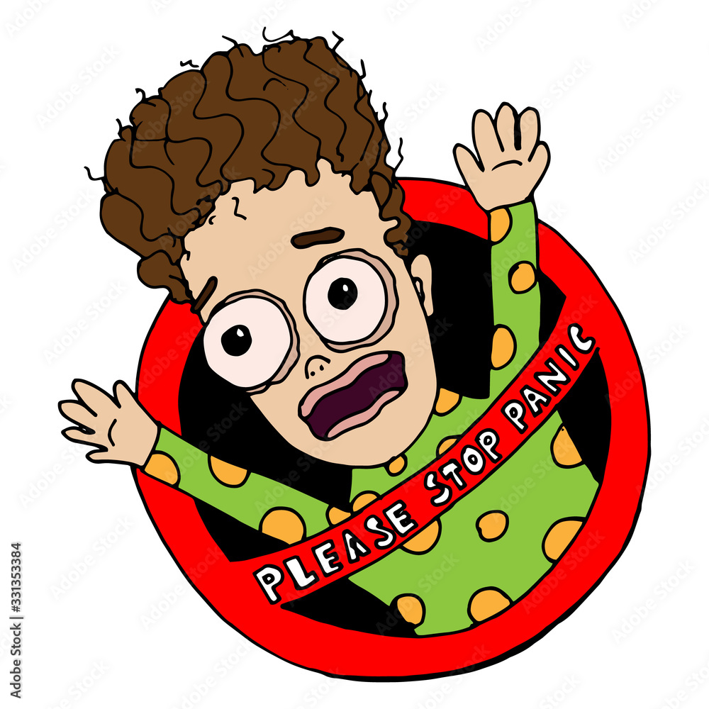 Bright vector illustration please stop the panic. Cartoon people with ...
