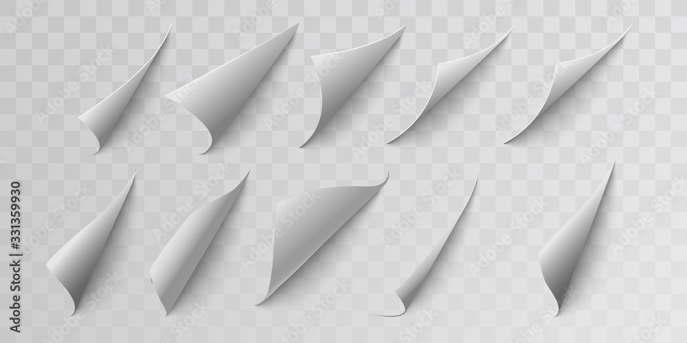 Set curled page corner. Curve page corner, pages edge curl and bent ...
