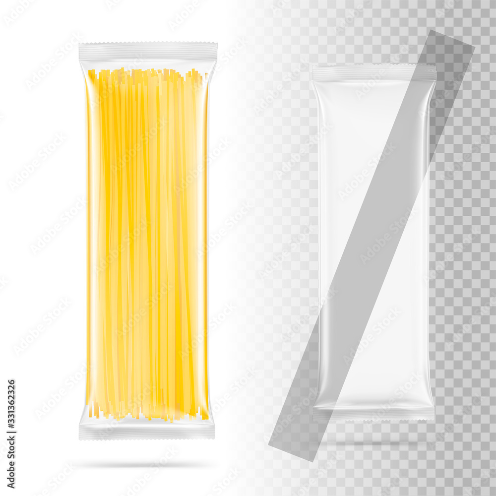 Transparent package with spaghetti pasta isolated on white background ...