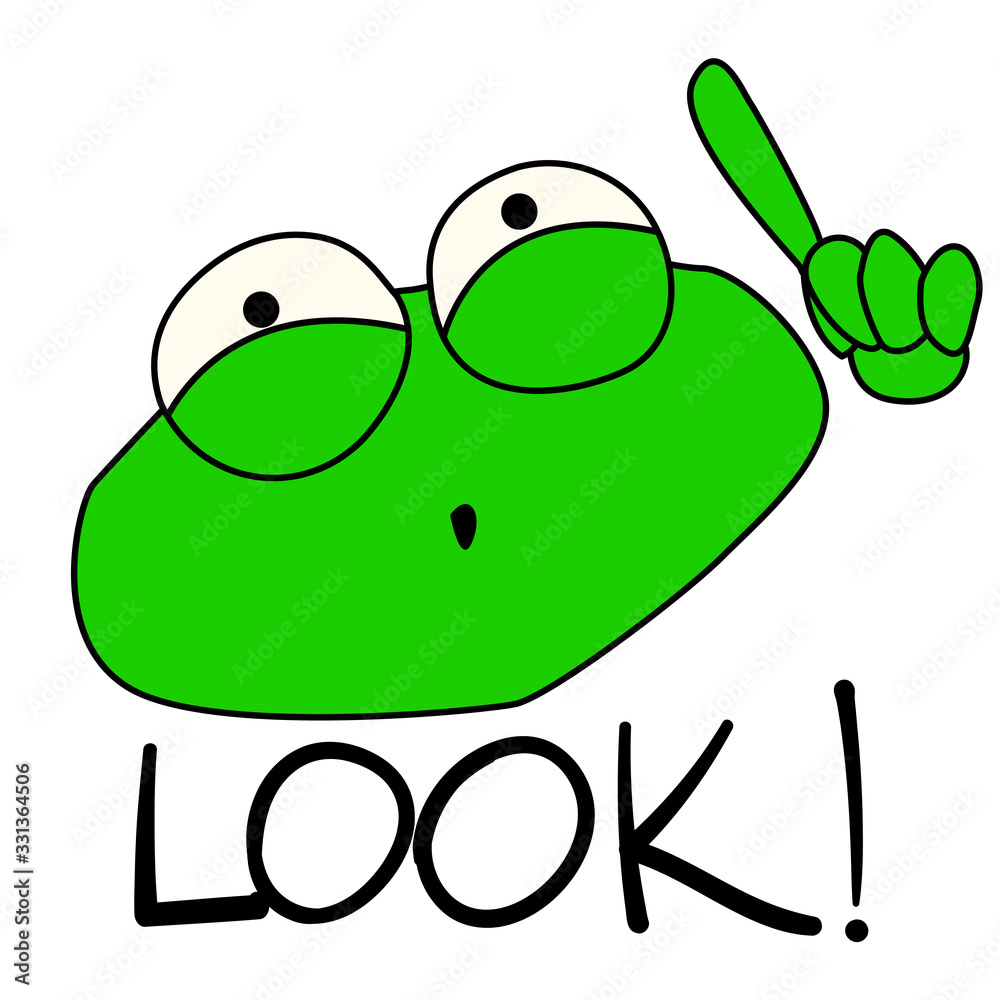 Look! A gesture of attention-grabbing. A frog looks up and points a ...