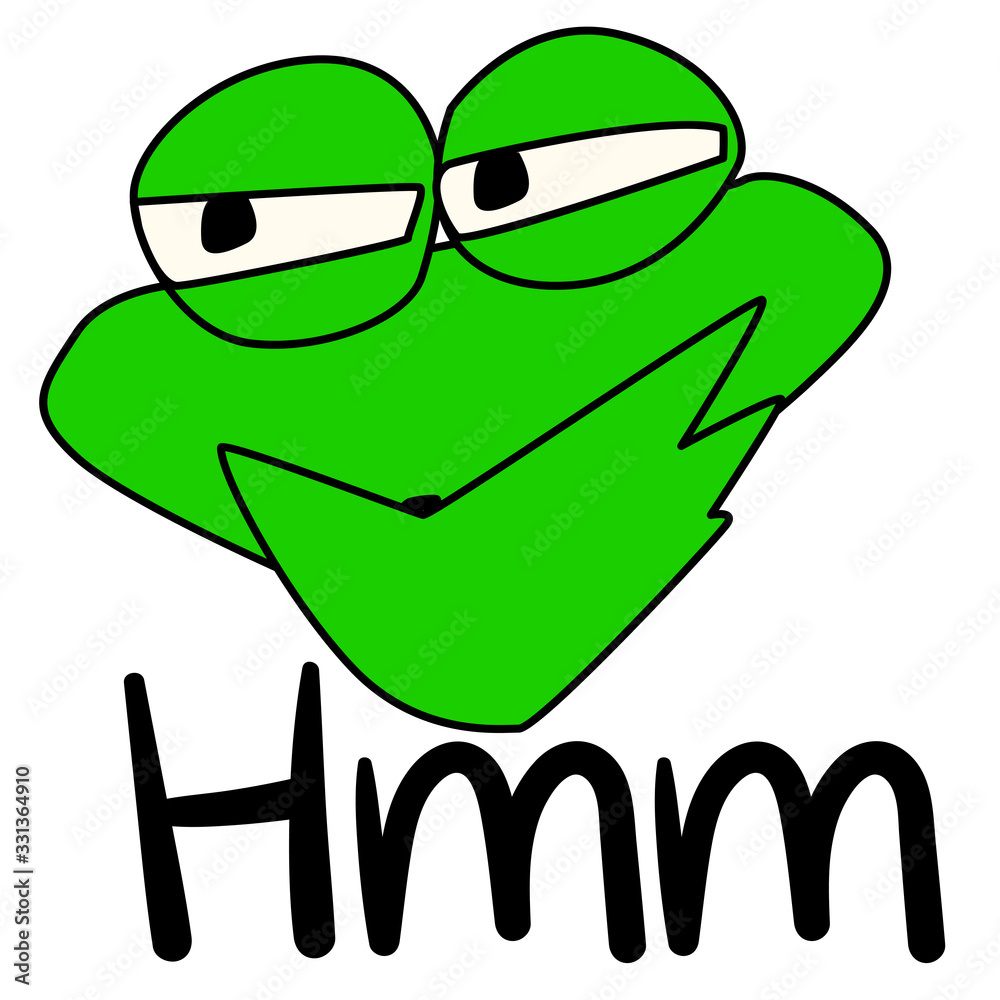 Suspicious green frog. Emotion of thought and doubt. The word hmm ...