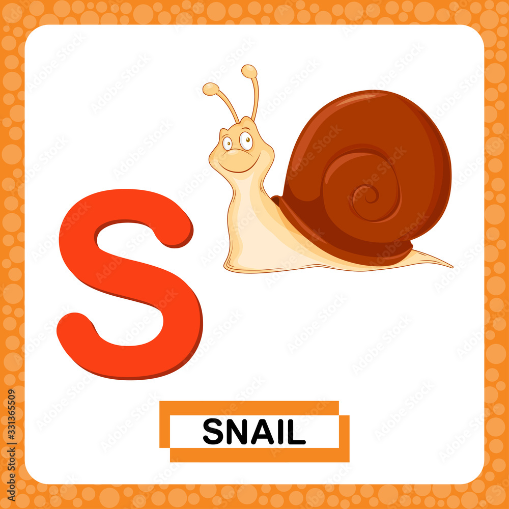 Letter s uppercase with cute cartoon character Snail isolated on white ...