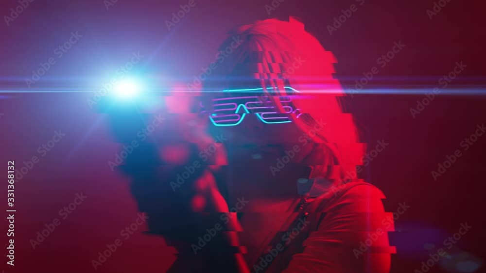 Girl with blaster in the futuristic battle. Concept virtual reality ...