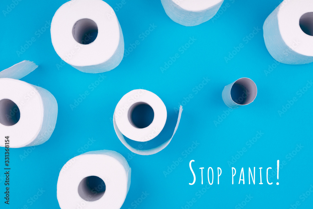 Toilet paper rolls on the bright blue background with Stop panic ...