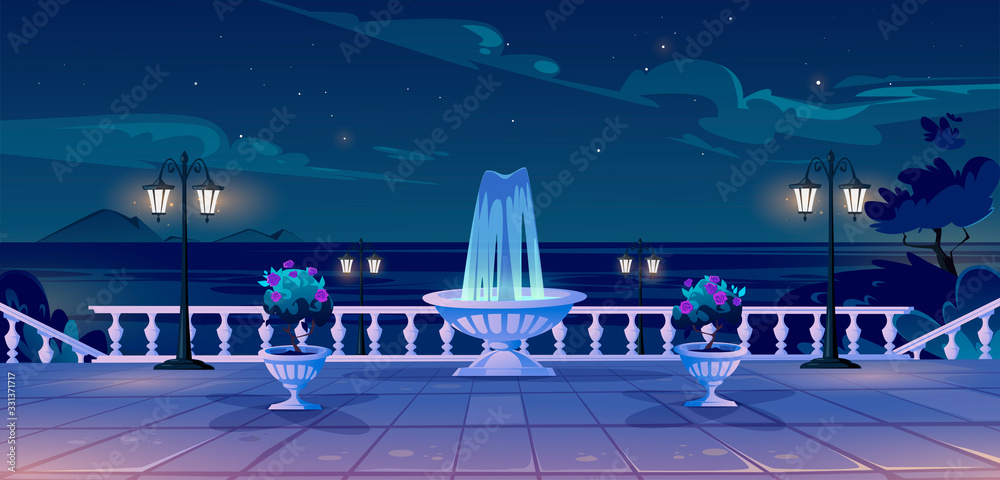 Summer seafront at night time, empty quay with ocean view, fountain ...