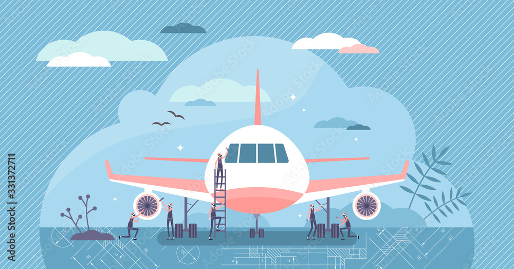 Aerospace engineer vector illustration. Maintenance in tiny persons ...