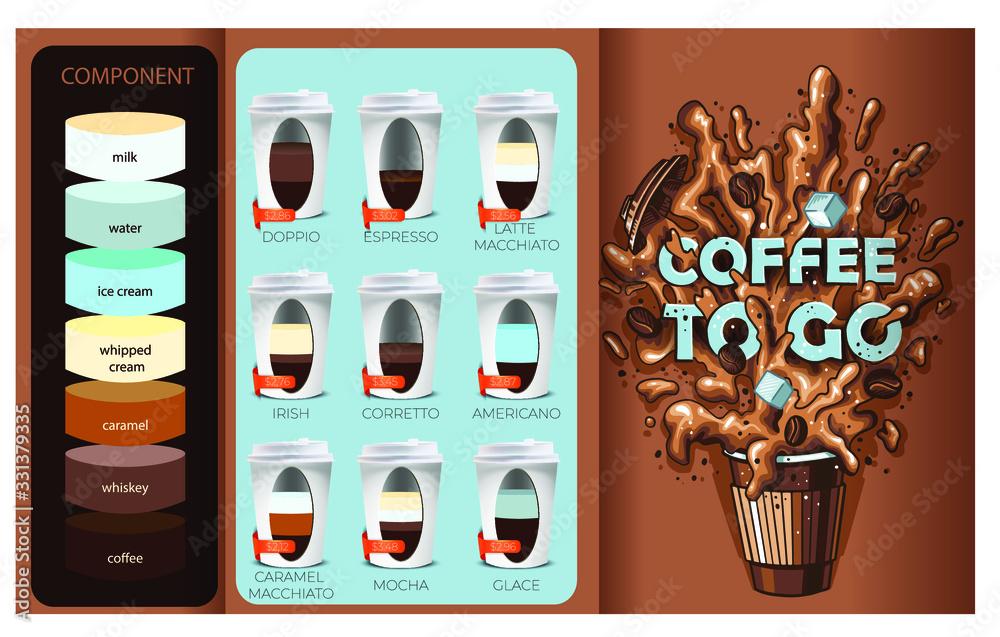 coffee menu, ingredients and proportions set coffee in a glass, coffee ...