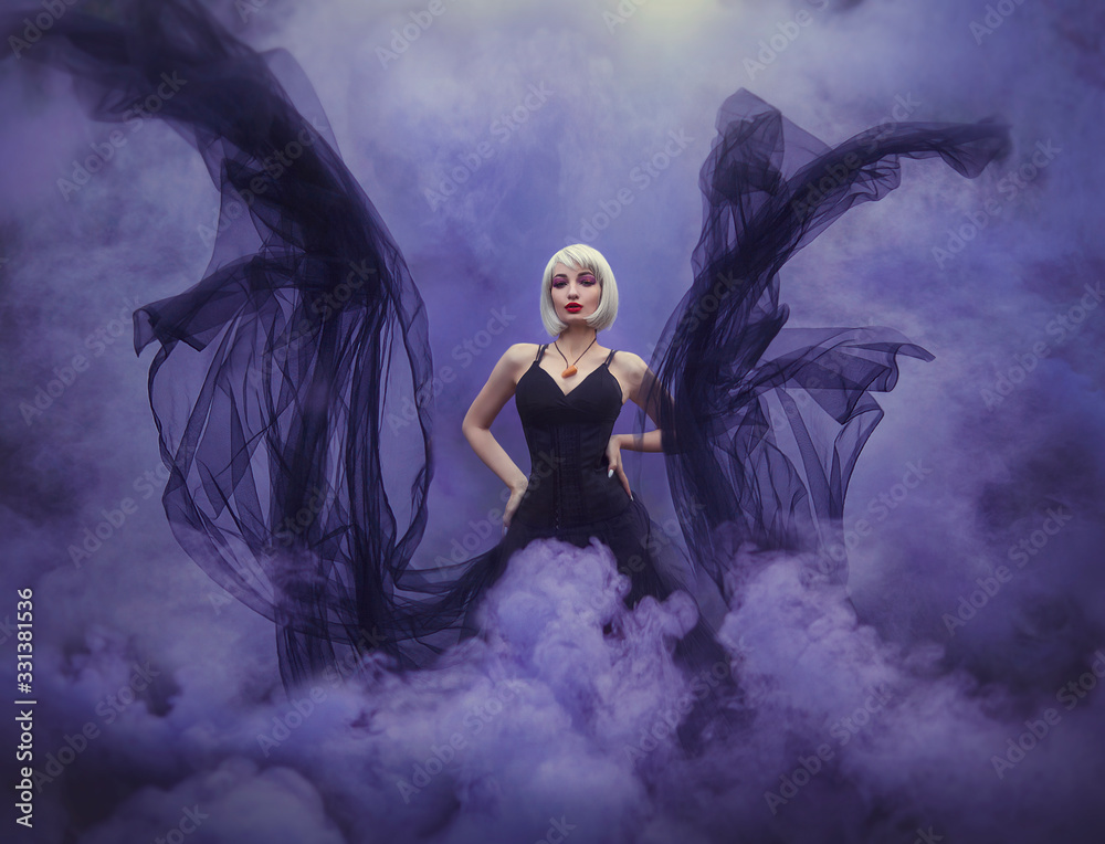 Wicked mermaid witch in a black dress underwater. Violet smoke ink ...