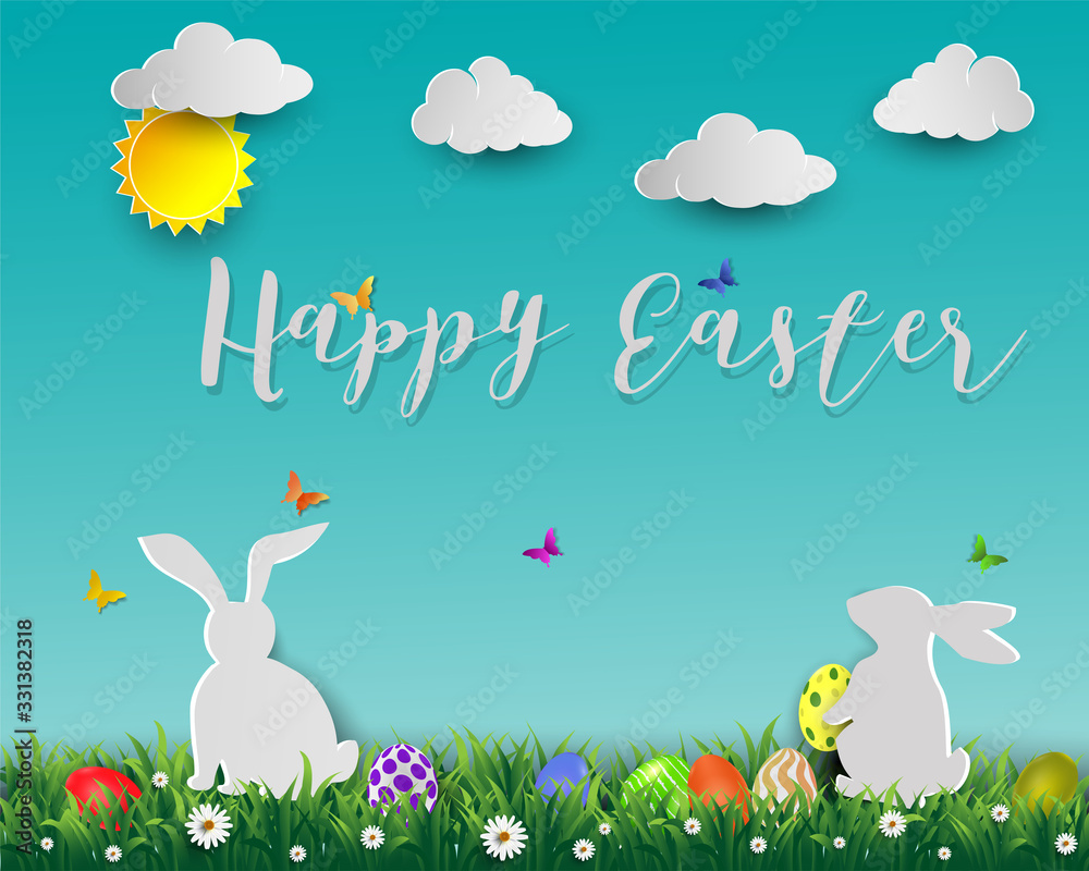 carte ou bandeau happy Easter avec des lapins assis sur l'herbe des ...