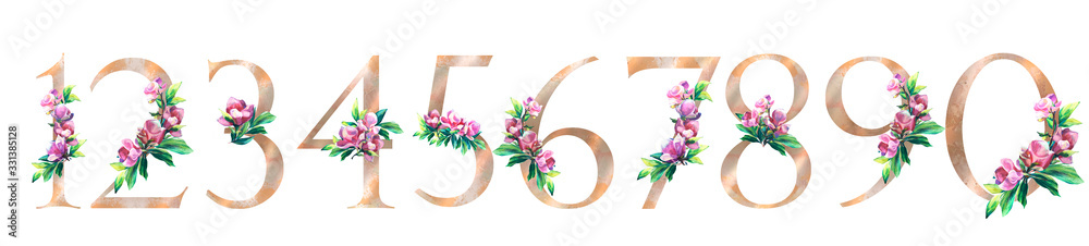 Gold numbers with flowers and leaves. Hand painted flowers of pink ...