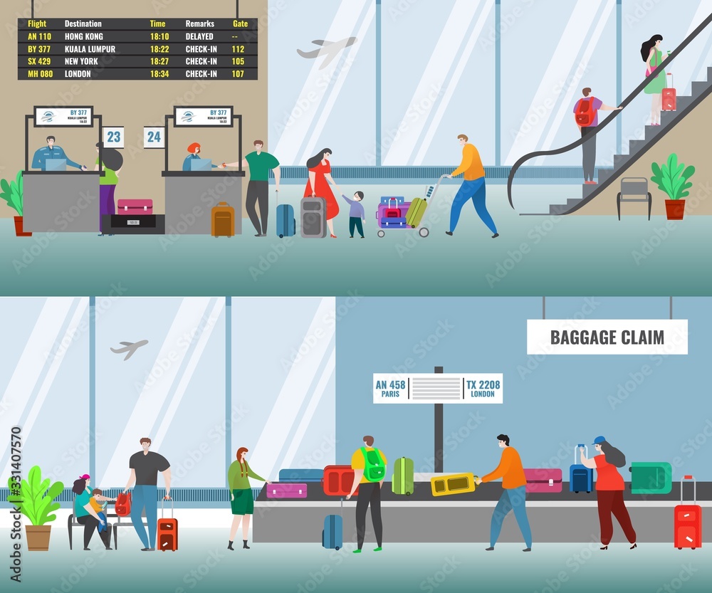 Airport vector illustration with airline flight check in desk and ...