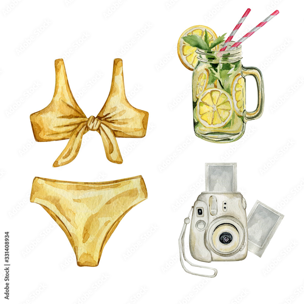 Watercolor illustration of summer swimsuit outfit Stock Illustration ...