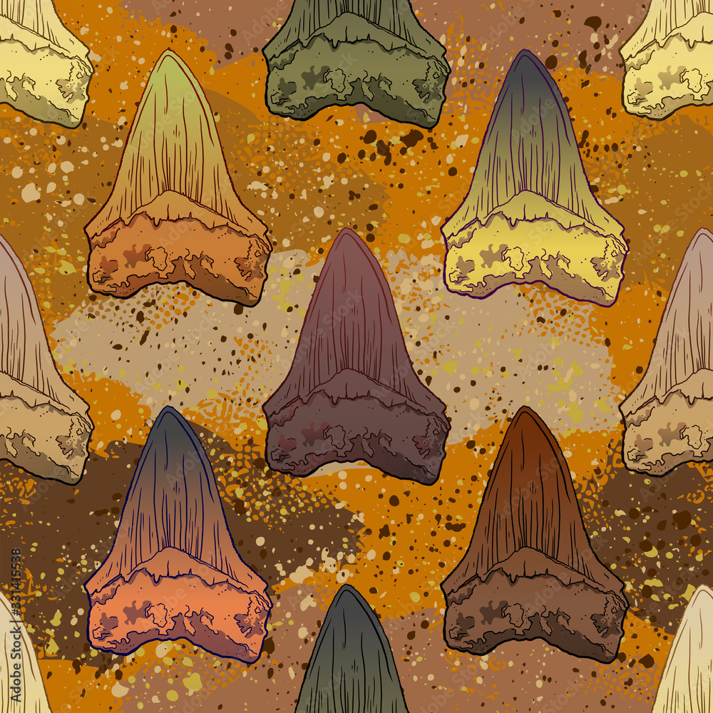 Shark megalodon tooth seamless pattern. Sea Life Hand Drawn line and ...