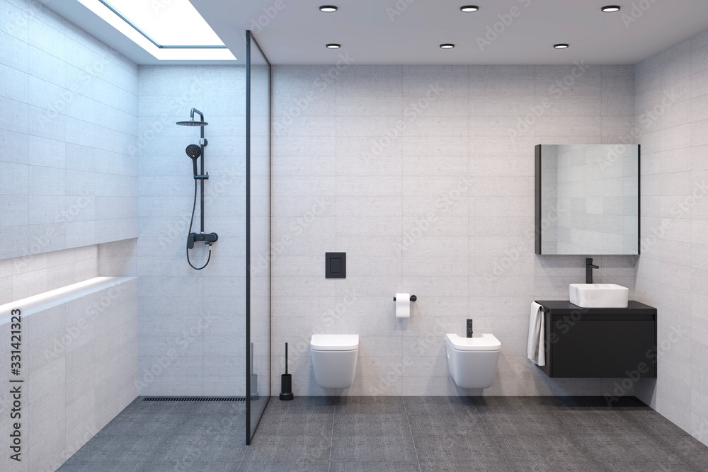 Minimalist modern bright shower room with a daylight lamp in the ...