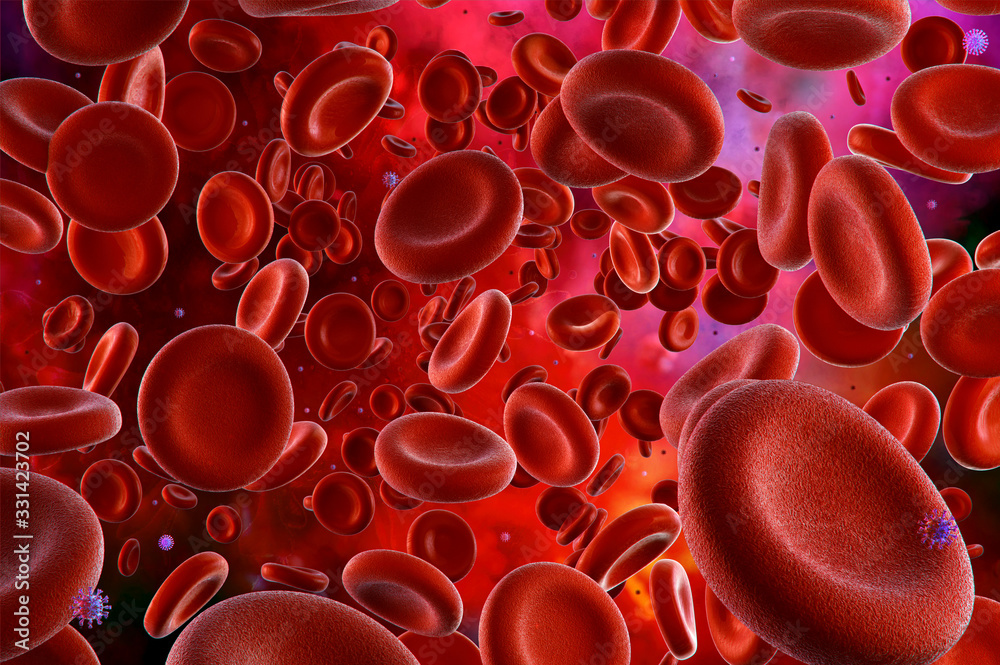 Red blood cells background with floating pathogen respiratory influenza ...