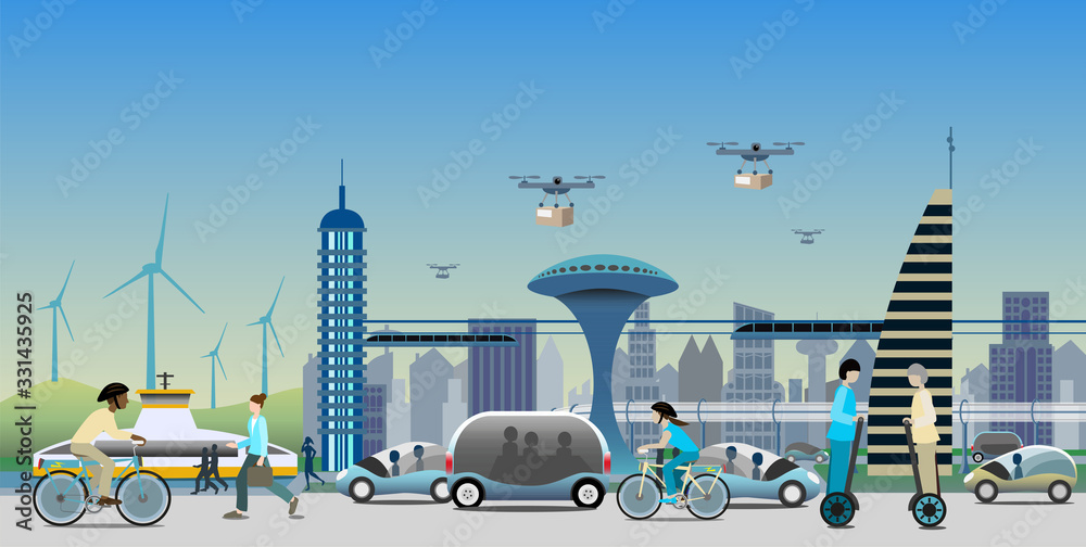 Renewable electrified city transport concept in near future. Driverless ...
