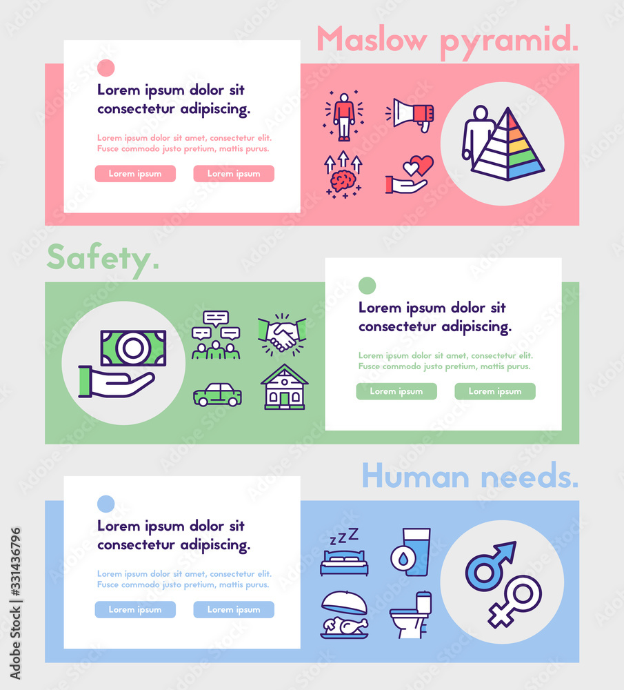 Hierarchy of human needs linear color icon set. Maslow Pyramid concept ...